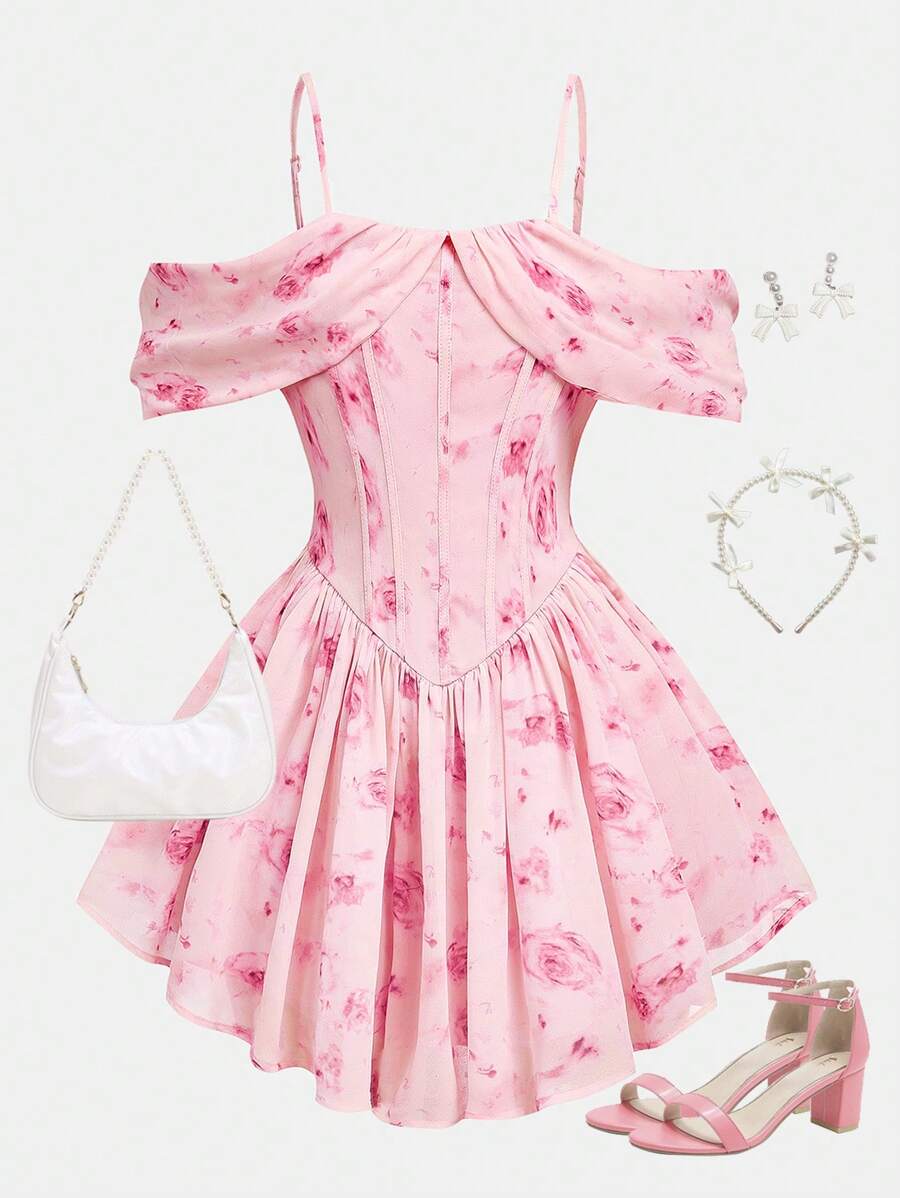 SHEIN สาววัยรุ่นชุดเดรสผ้าชีฟองพิมพ์ลายลายดอกไม้สีชมพูพร้อมชายระบายและ ...