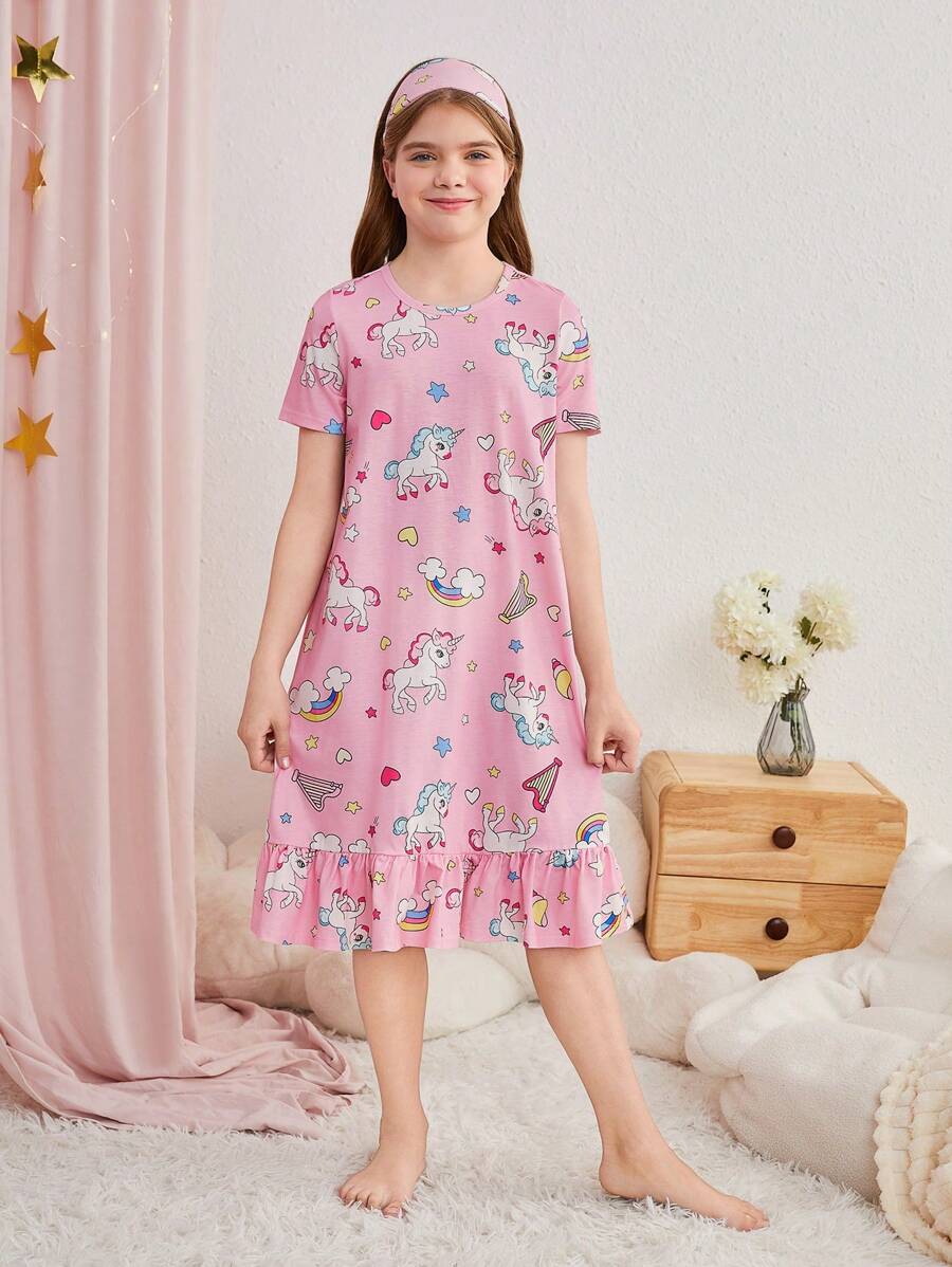 SHEIN Tween Girl Cute Casual Unicorn Pattern Short Sleeve Sleep Dress ...