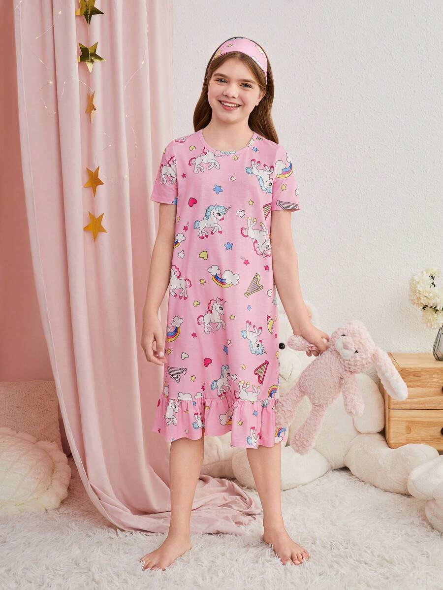 SHEIN Tween Girl Cute Casual Unicorn Pattern Short Sleeve Sleep Dress ...