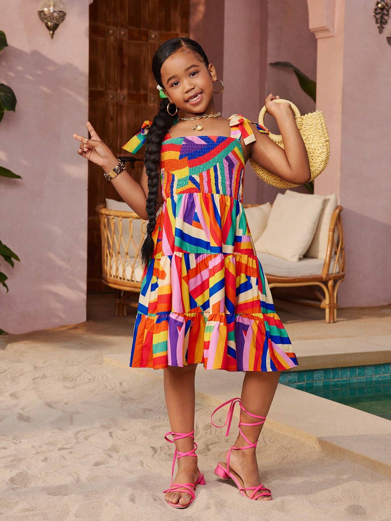 SHEIN Tween Girl Rainbow Pattern Woven Casual Sundress, Spring/Summer ...