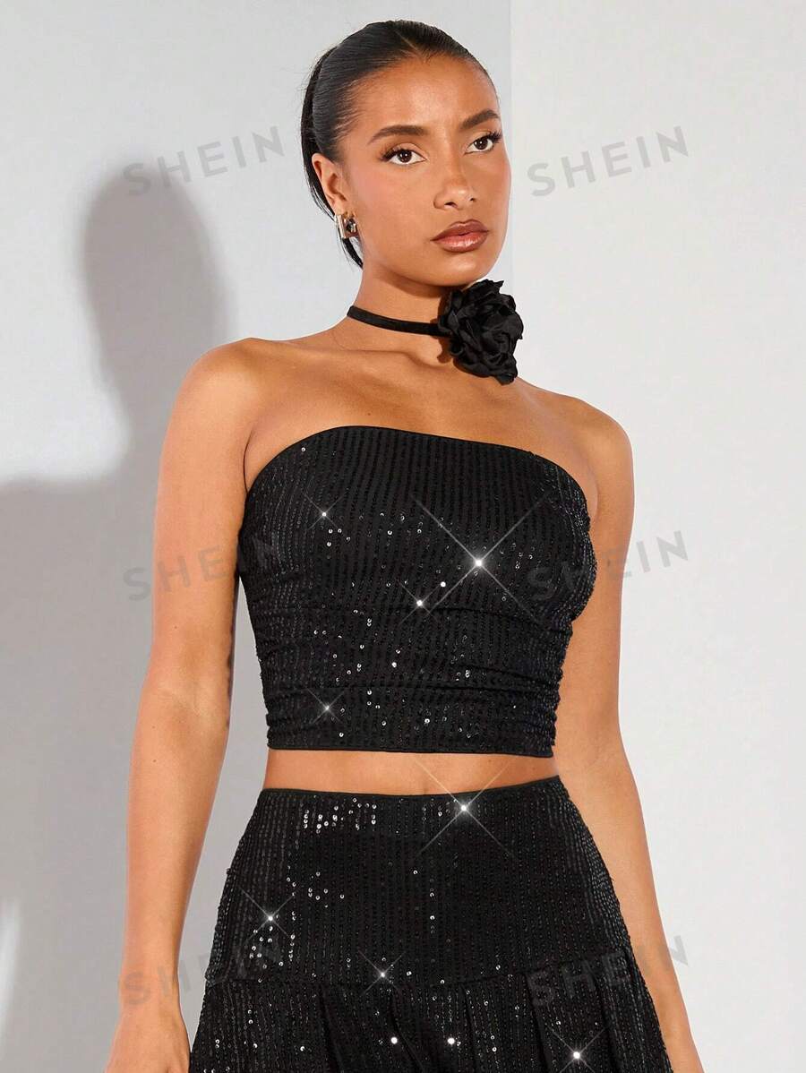 SHEIN BAE Black Sequin Strapless Pleated Sexy Tight Night Out Crop Top ...