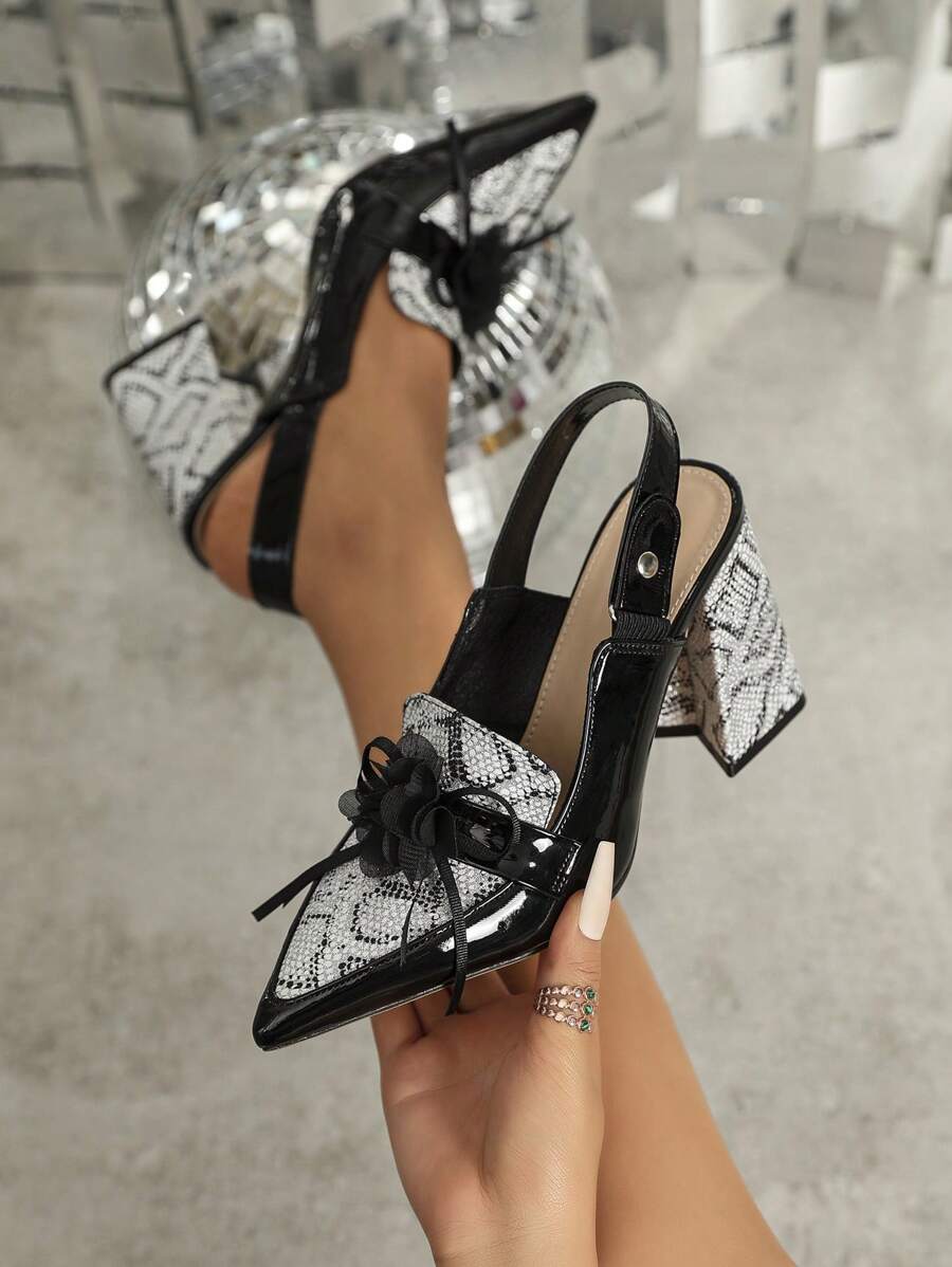 Women's Pointed Toe Chunky Heel Mules, Black Patent Leather Slingbacks ...