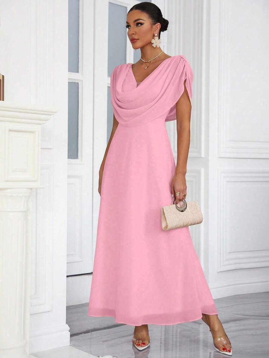 SHEIN Belle Deep Draped Neck Chiffon Sleeveless Dress With Draped ...