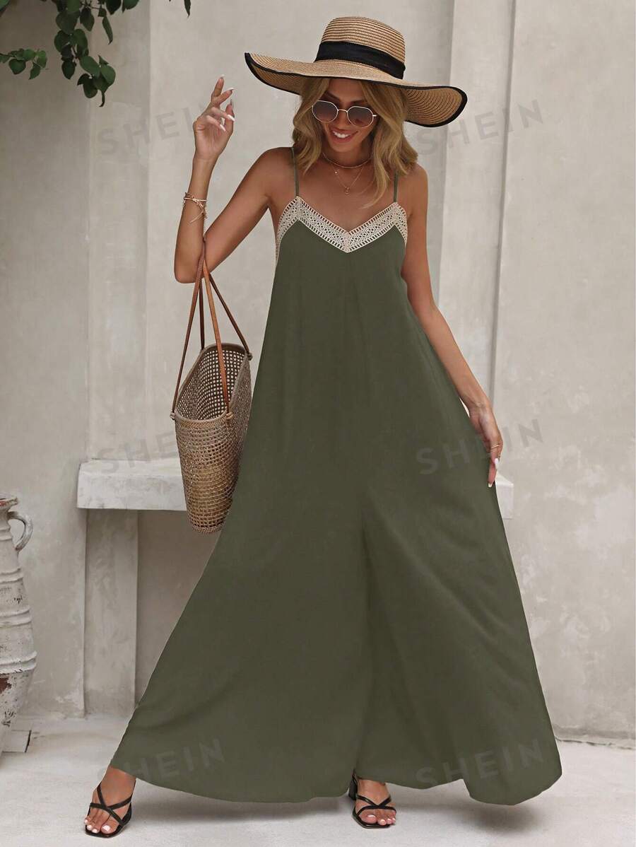 SHEIN Frenchy Summer Water-Soluble Lace Linen Loose Romper Comfortable ...