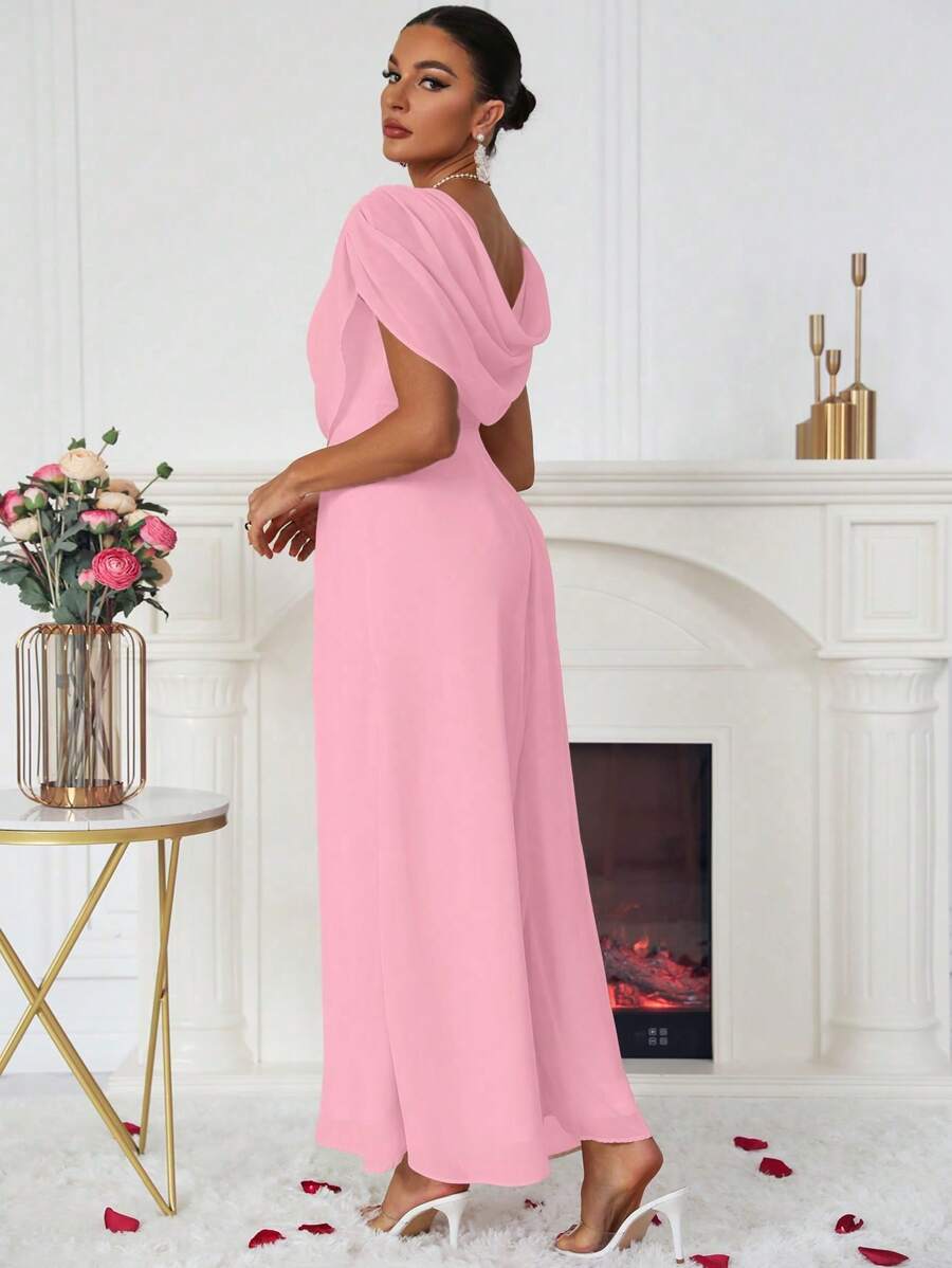 SHEIN Belle Deep Draped Neck Chiffon Sleeveless Dress With Draped ...