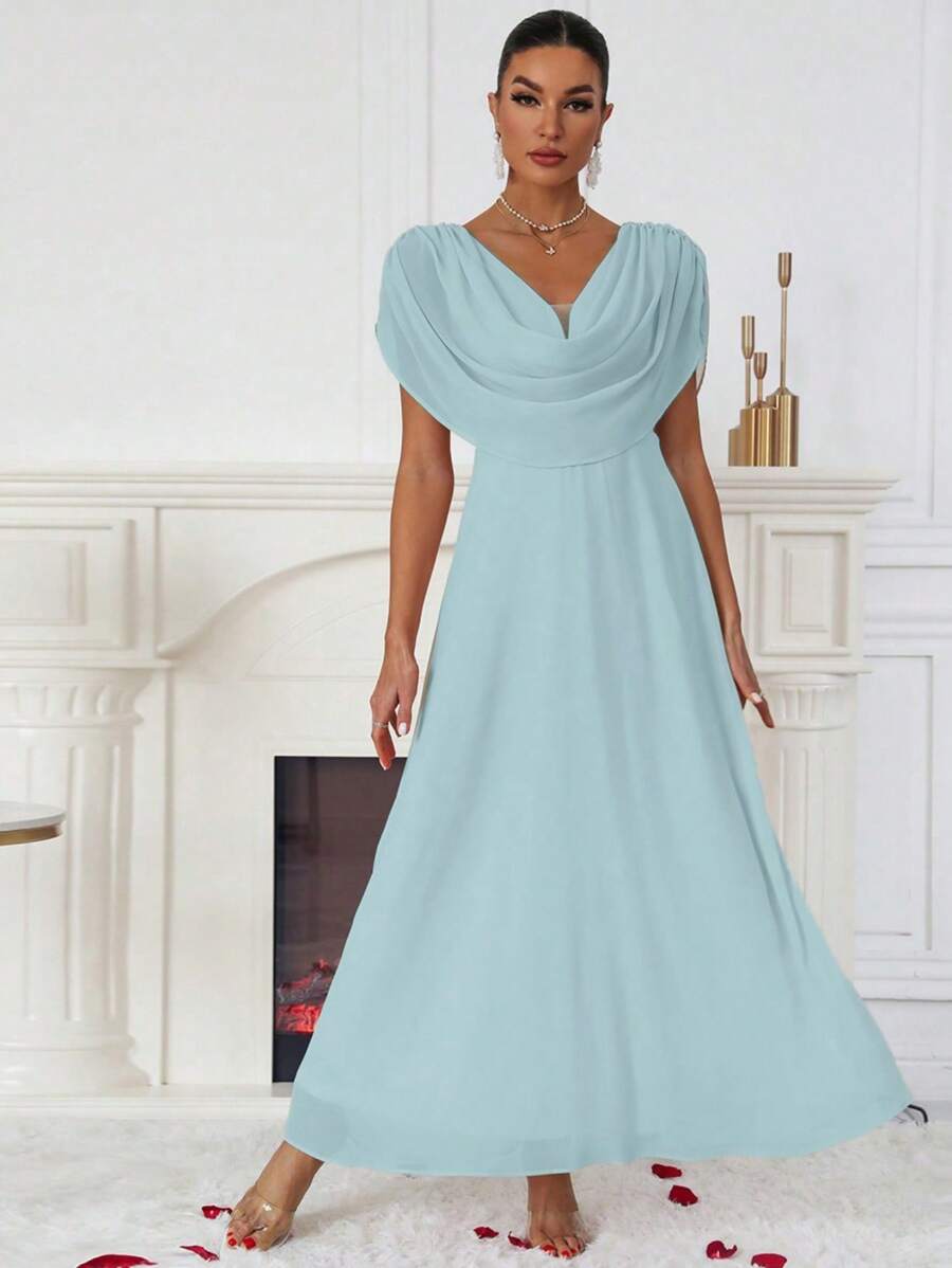 SHEIN Belle Deep Draped Neck Chiffon Sleeveless Dress With Draped Front ...