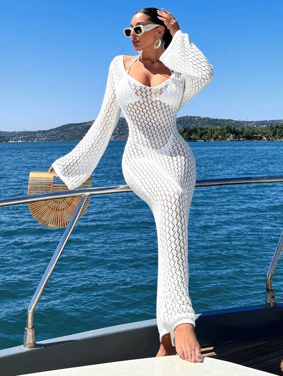 RueChic Women's Solid Color Long Knit Sheer Cover Up Dress For Daily ...