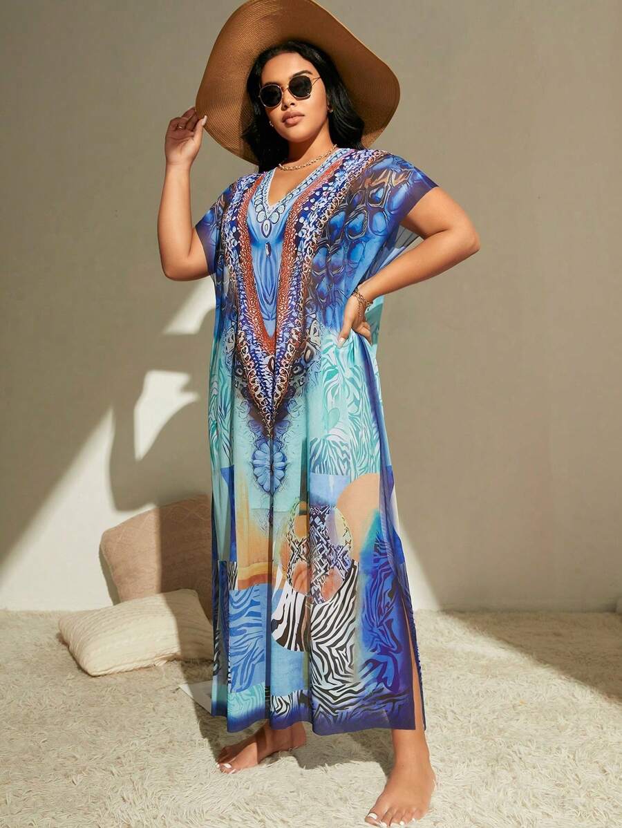 SHEIN Swim Lushore Couvre-tout long et transparent avec imprimé placé pour grandes tailles femme ...