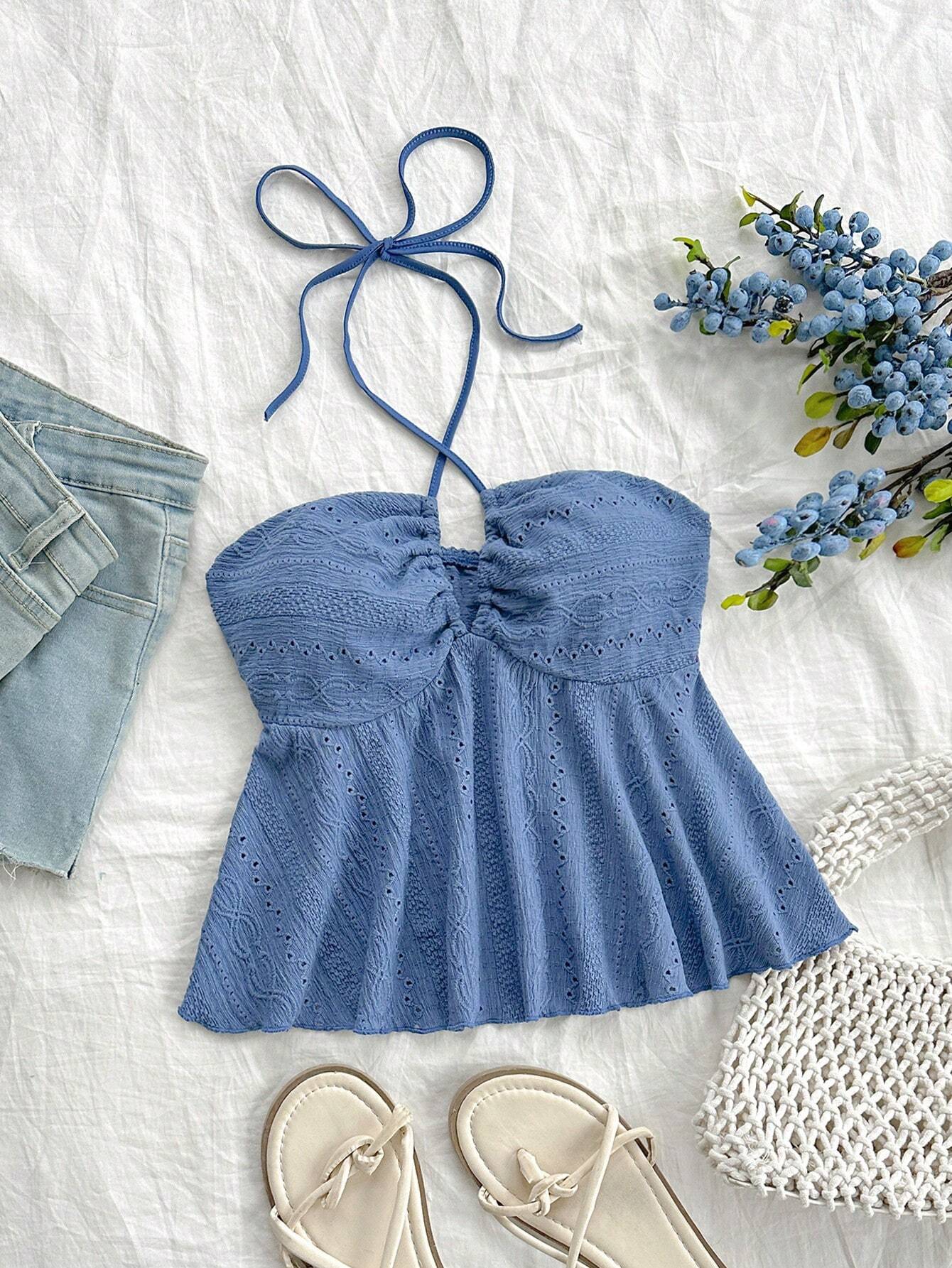SHEIN WYWH WYWH Women's Vacation Grey Blue Texture V-Neck Casual Halter ...