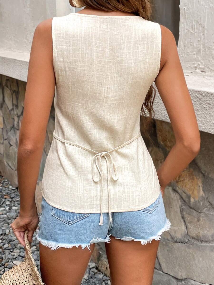 SHEIN Frenchy Linen Top, Linen Front Buckle Decorative Suit Vest, Front Slit Shirt, Simple ...