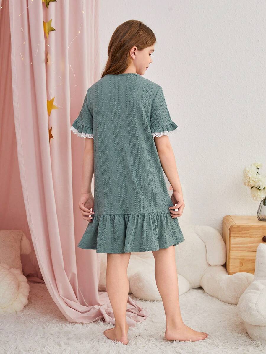 SHEIN Tween Girl Summer Knit Jacquard Sleepwear With Cute Lace Trimmed ...