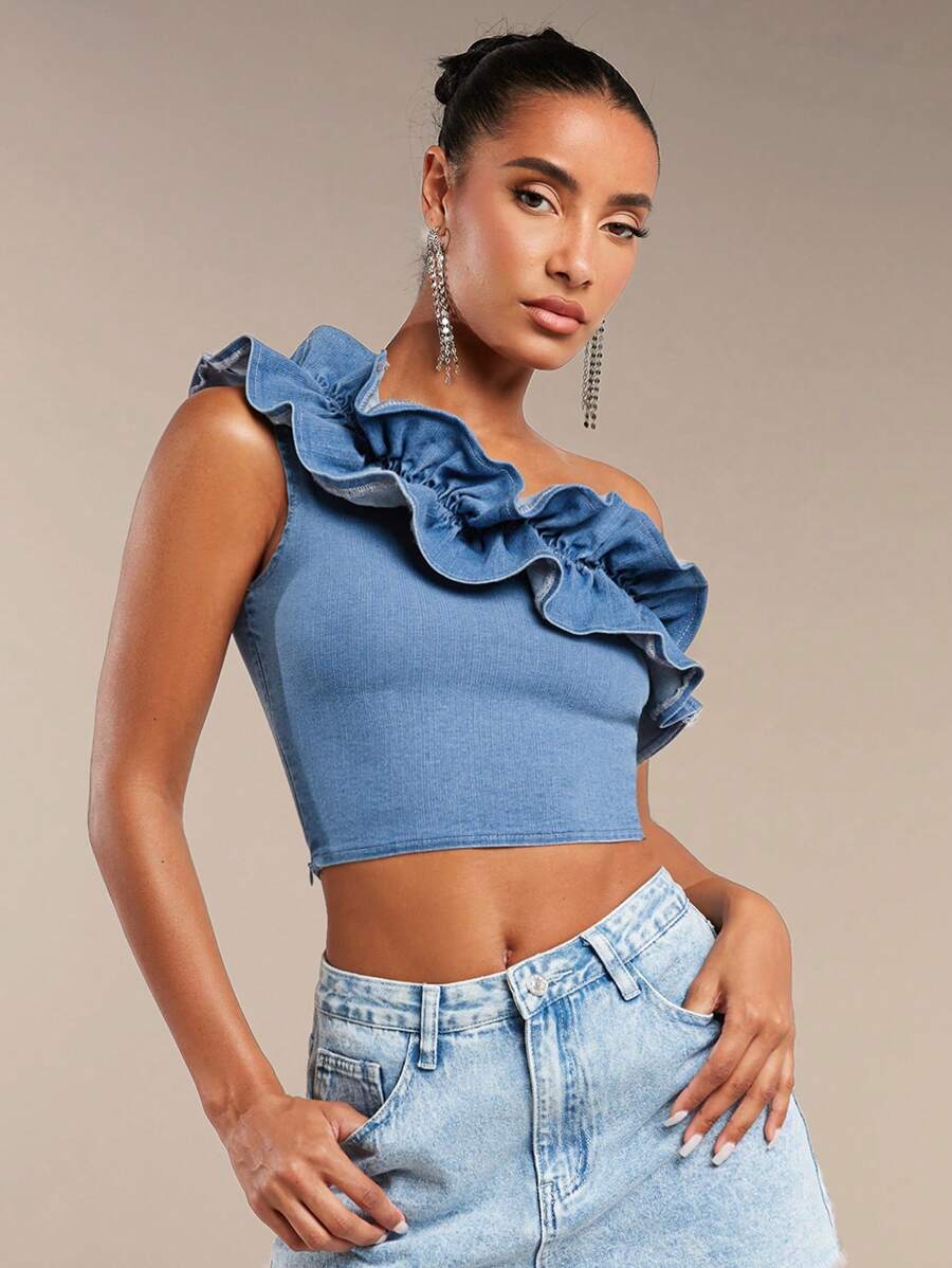 SHEIN BAE One Shoulder Ruffle Trim Crop Denim Tops&Rave Festival ...