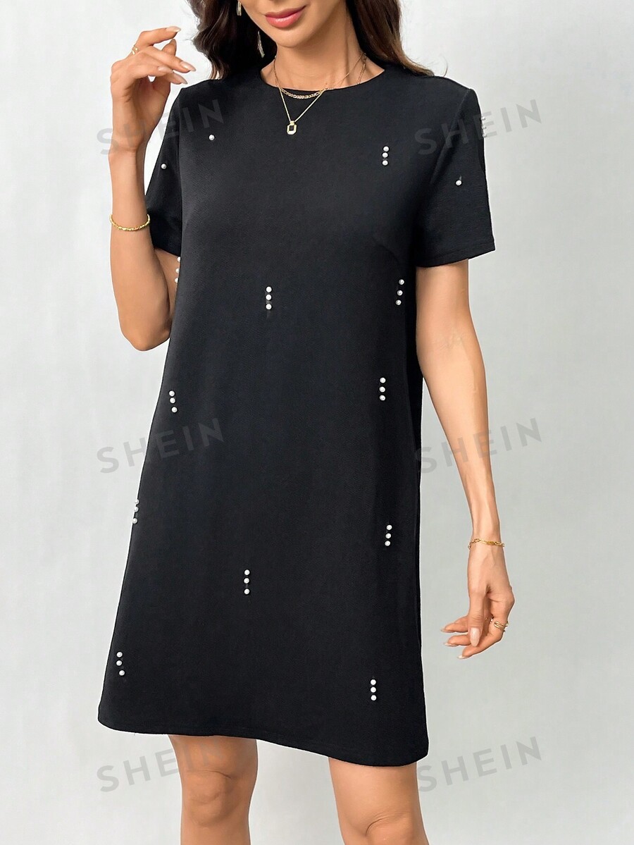 SHEIN Privé Black Elegant Party Gathering Short Sleeve Beaded Mini ...