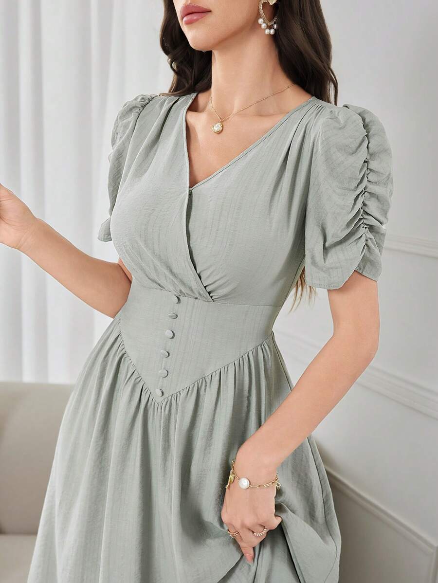 Modelyn Women's Summer Elegant Solid Color Puff Sleeve Waist Cinched Long Dress | SHEIN USA