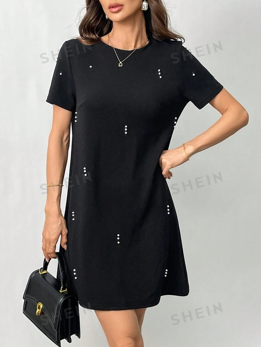 SHEIN Privé Black Elegant Party Gathering Short Sleeve Beaded Mini ...