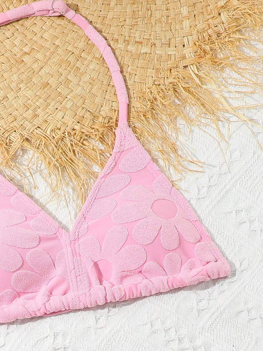 Tween Girl Summer Beach Solid Color Jacquard Swimsuit Set | SHEIN UK