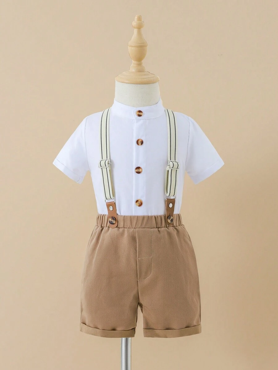 Conjunto de camisa preppy de manga corta con petos para niños pequeños ...