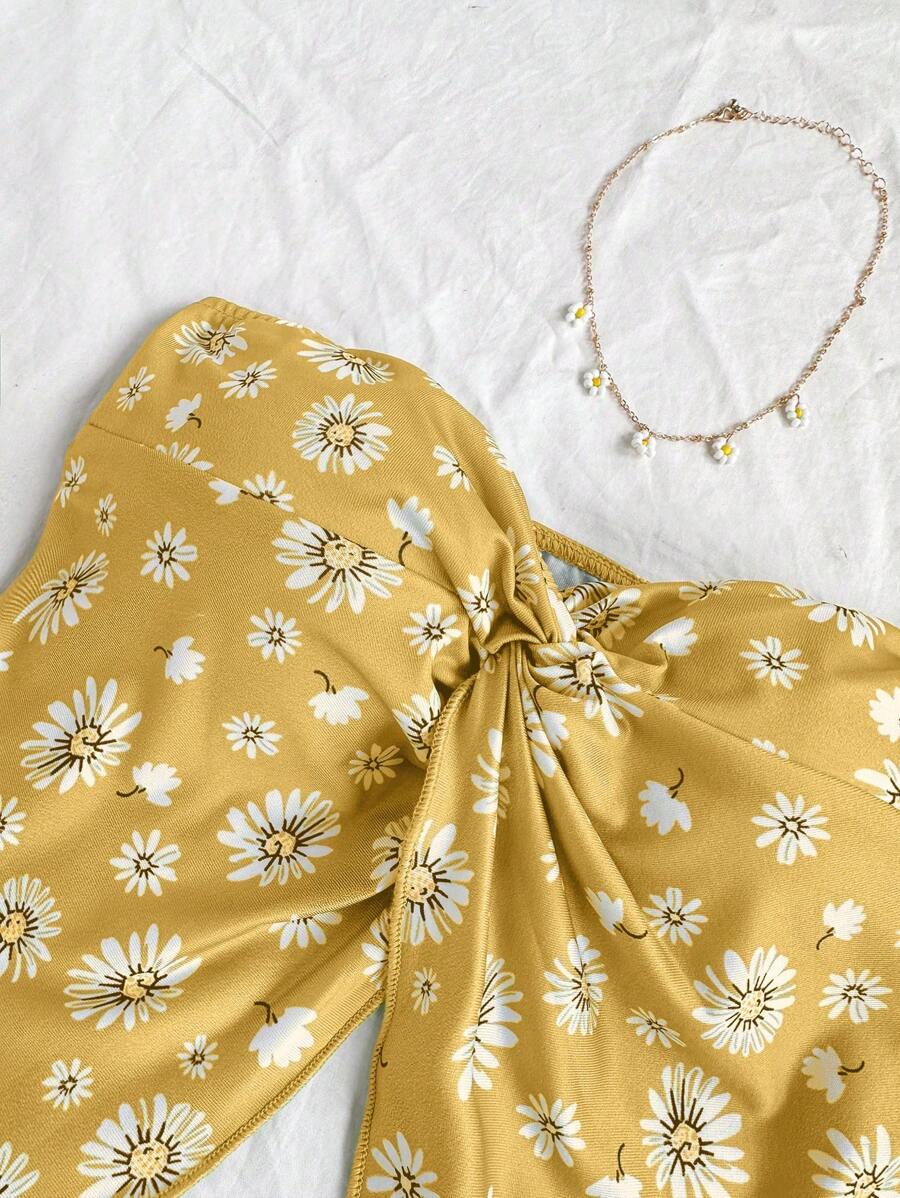SHEIN SunnyBelle Women's Daisy Print Twisted Knot Design Asymmetrical ...