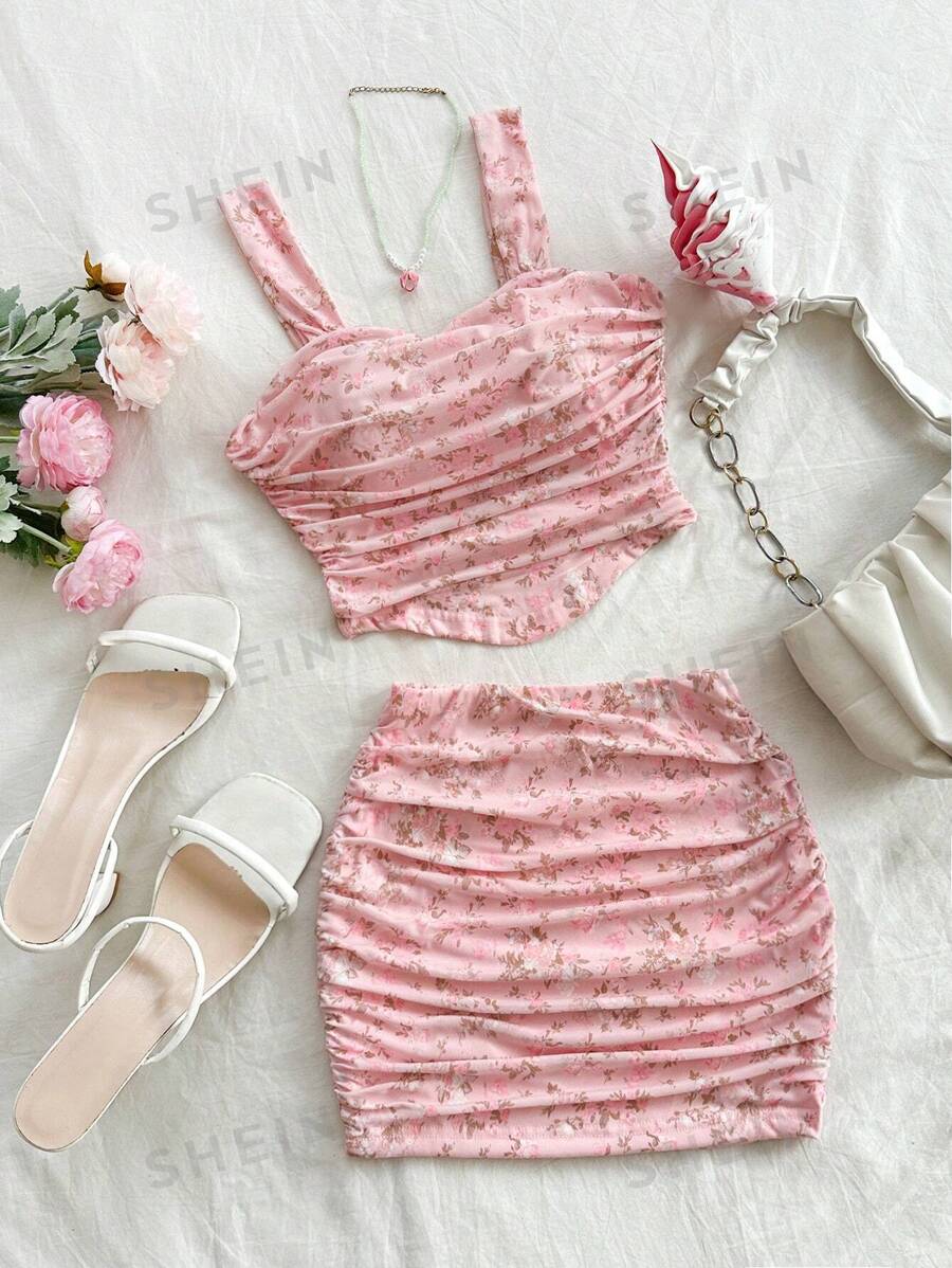 SHEIN Dreamara Conjunto de top y falda de flores rosa para mujer, ideal ...