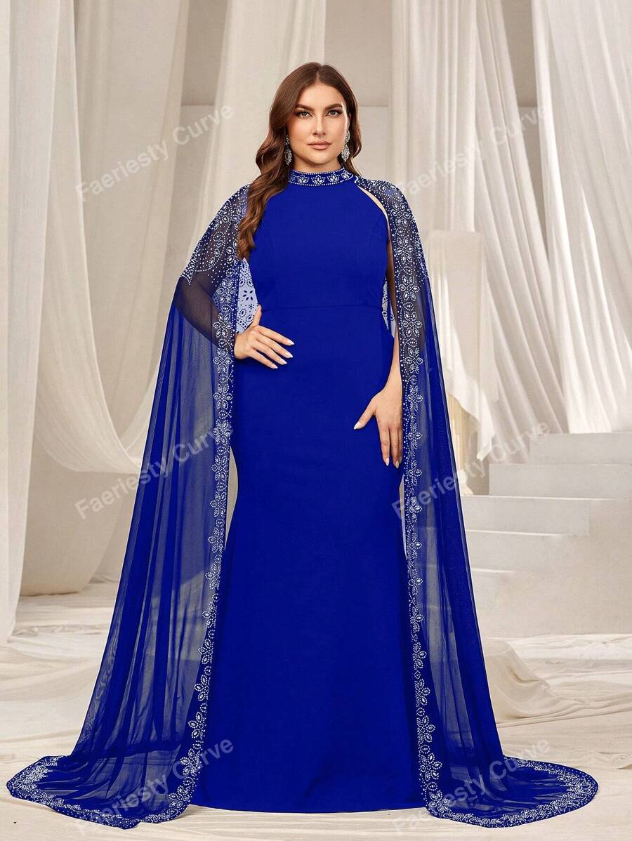 Faeriesty Plus Mock Neck Mermaid Hem Formal Cape Dress Elegant Prom ...