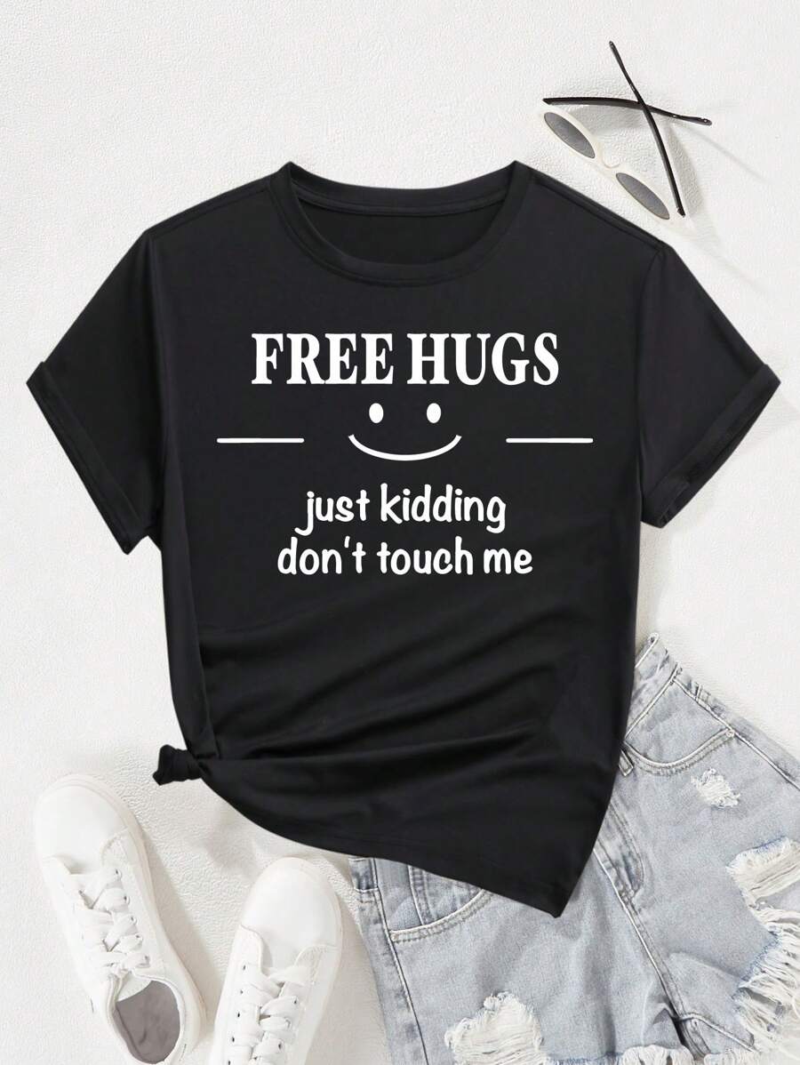 Tween Girl Black Short Sleeve T-Shirt With Smiling Face Slogan Print ...