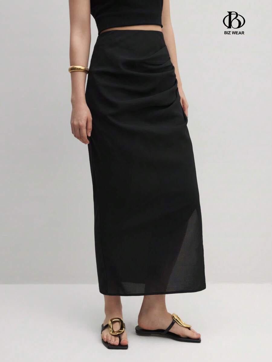 BizChic Women's Black A-Line Pleated Slit Design Skirt, Date Outfit ...