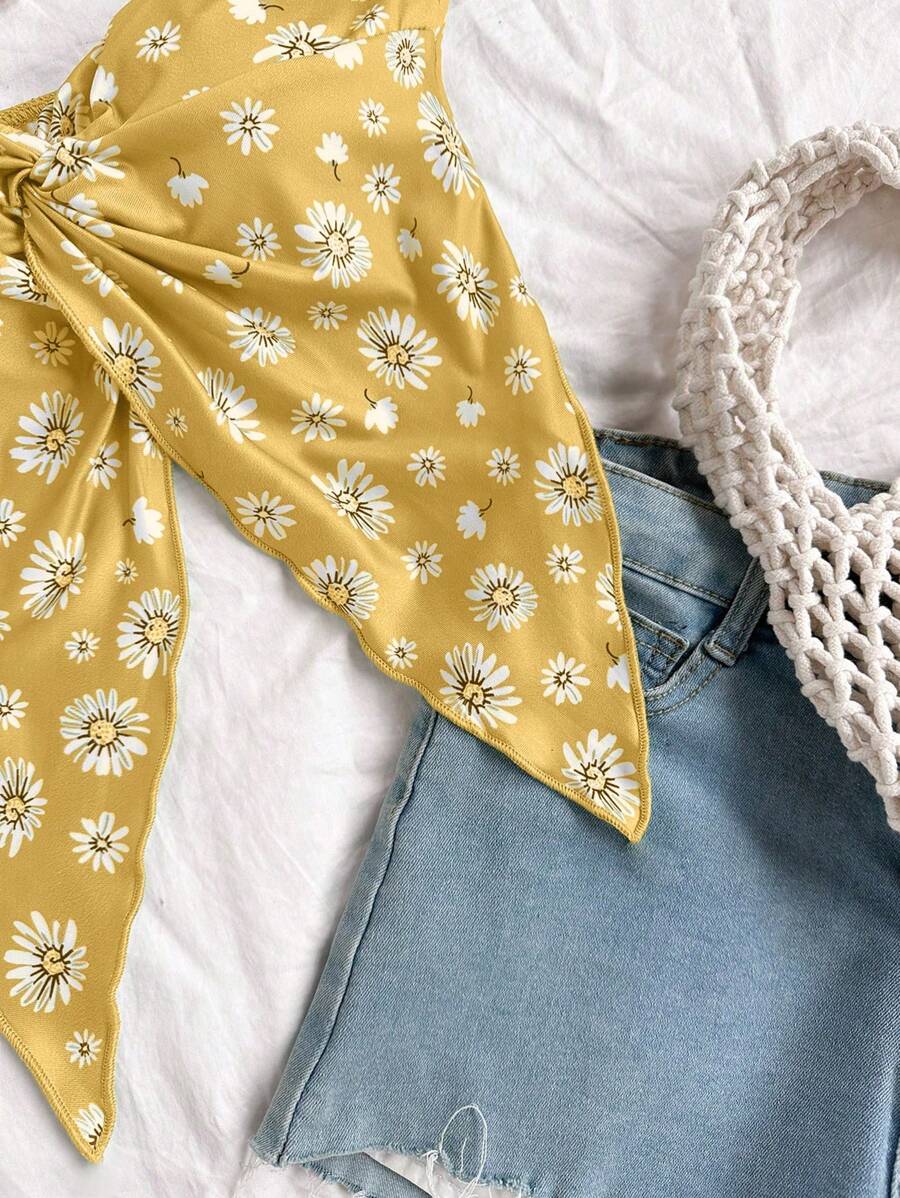 SHEIN SunnyBelle Women's Daisy Print Twisted Knot Design Asymmetrical ...