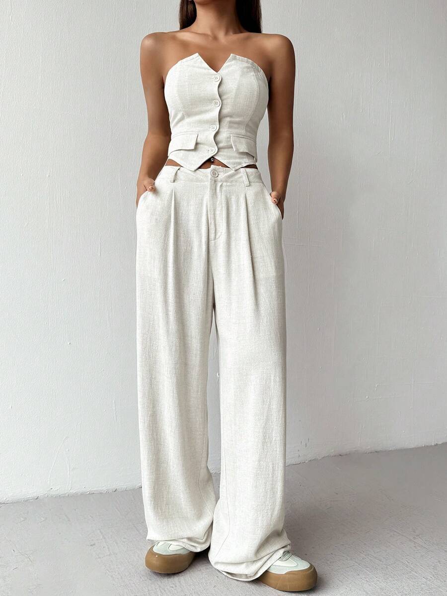 SHEIN EZwear Ladies' Linen Simple Solid Color Tube Top And Long Pants ...