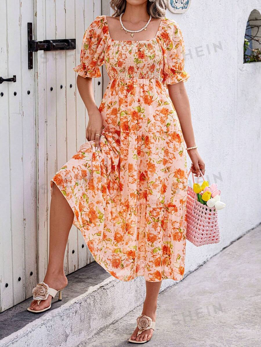 SHEIN Clasi Women's Flattering Puff Sleeve Dress With Random Print ...