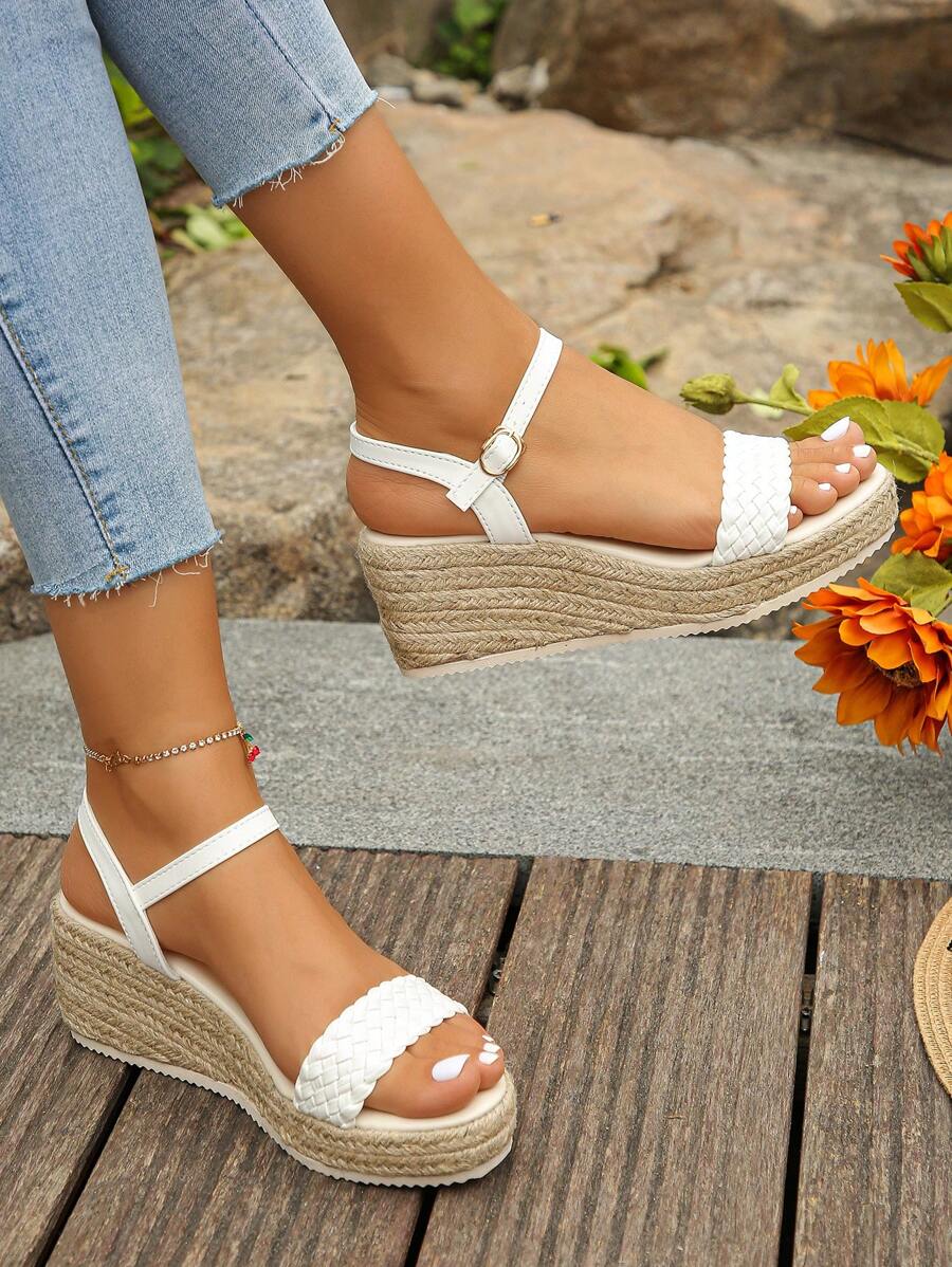 Women's White Fashionable High-Heeled Woven Sandals With Thick Soles ...