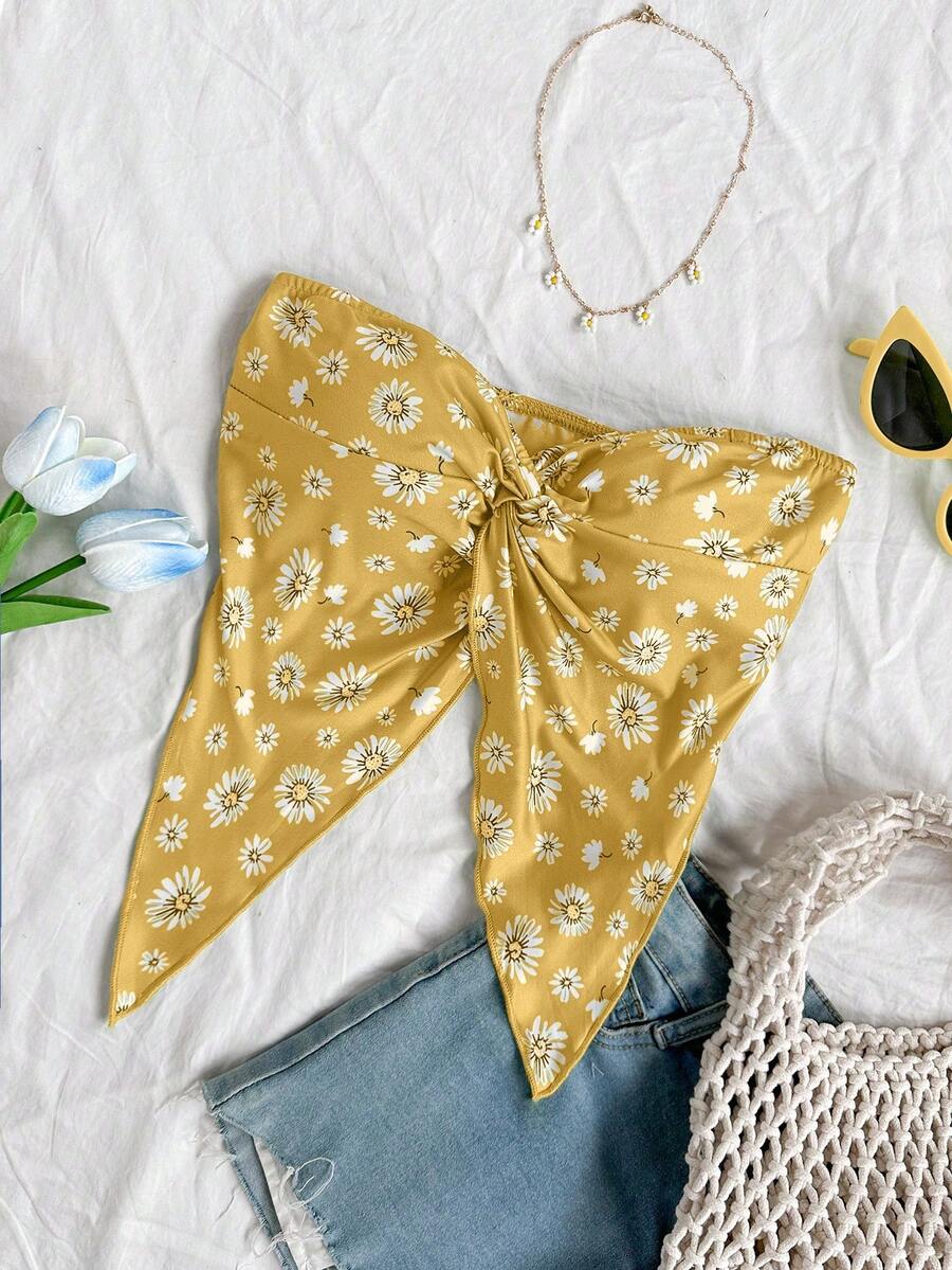 SHEIN SunnyBelle Women's Daisy Print Twisted Knot Design Asymmetrical ...