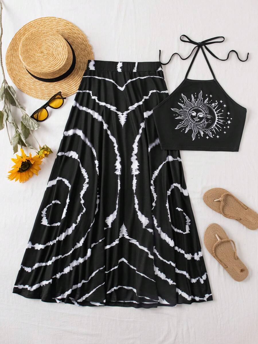 SHEIN VCAY Holiday Summer Co-Ord Set For Women. Crop Sun Face-Printed ...