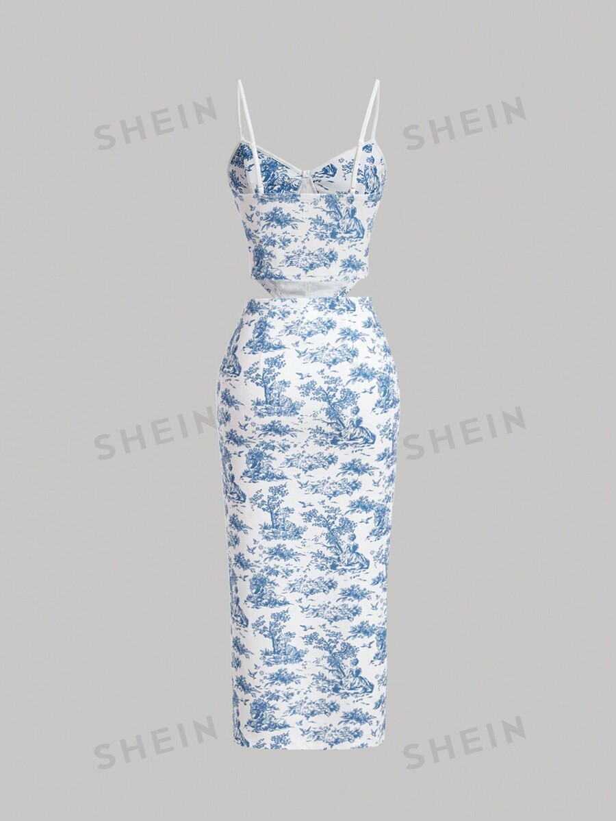 SHEIN MOD Plus Size Vintage Palace Style Blue & White Printed Fishbone ...