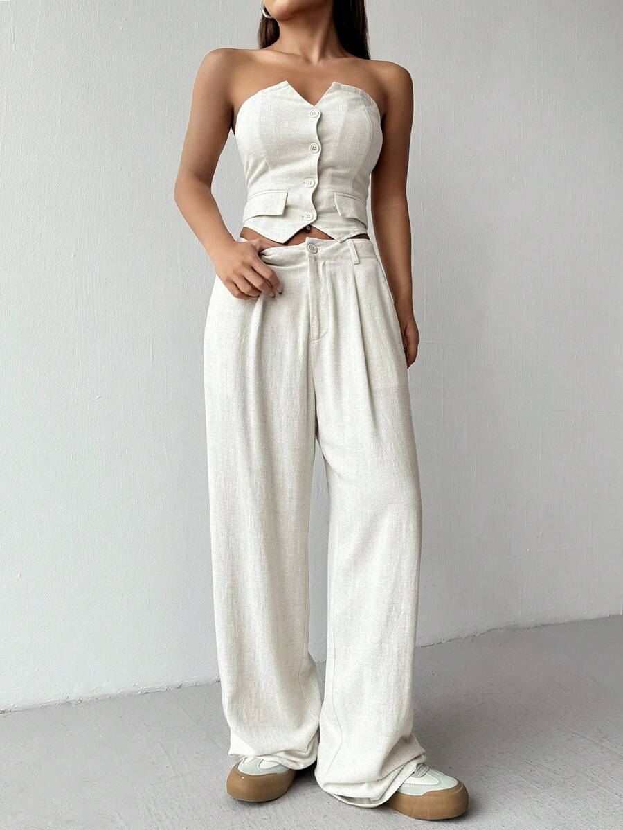SHEIN EZwear Ladies' Linen Simple Solid Color Tube Top And Long Pants ...