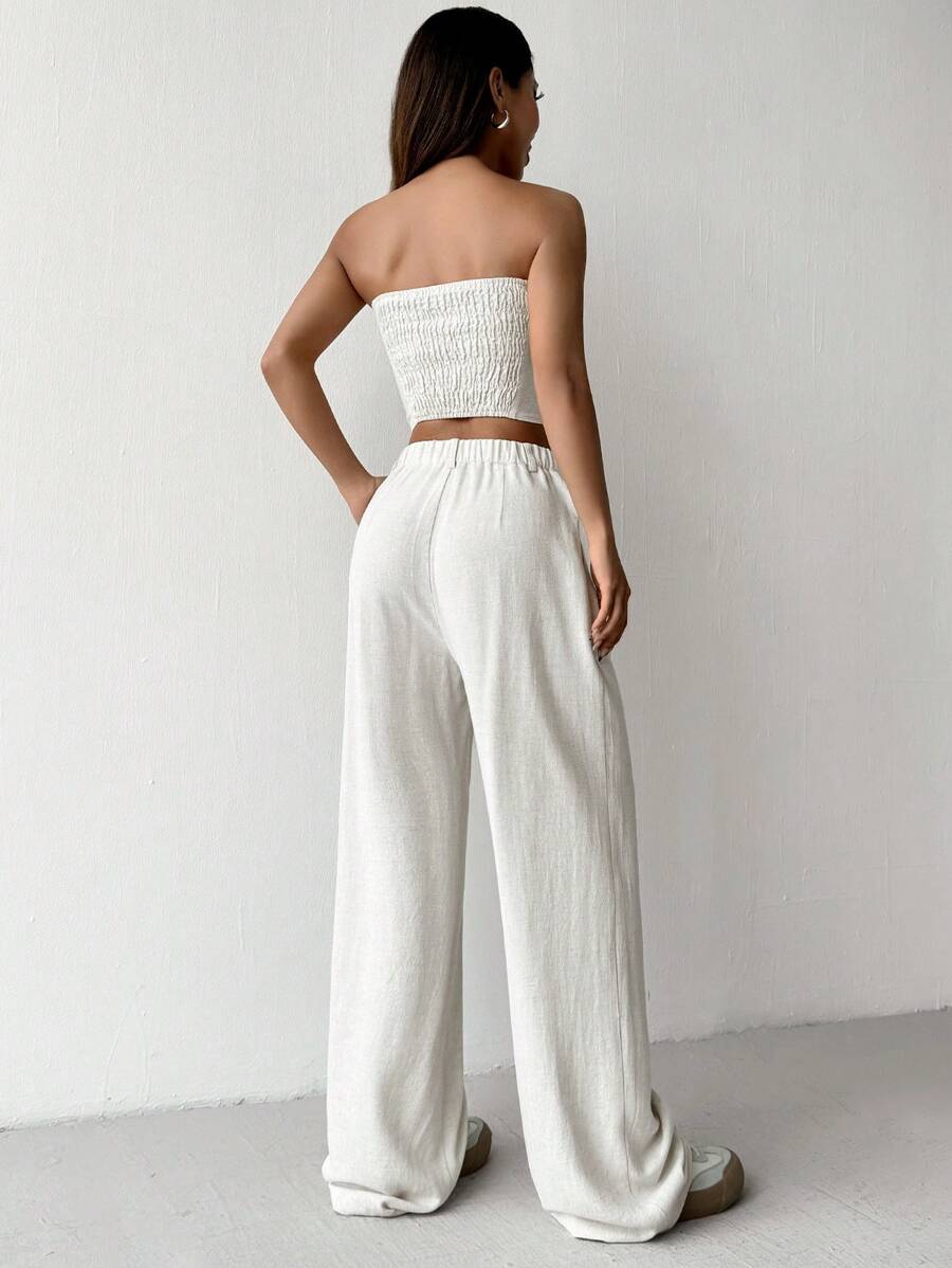 SHEIN EZwear Ladies' Linen Simple Solid Color Tube Top And Long Pants ...