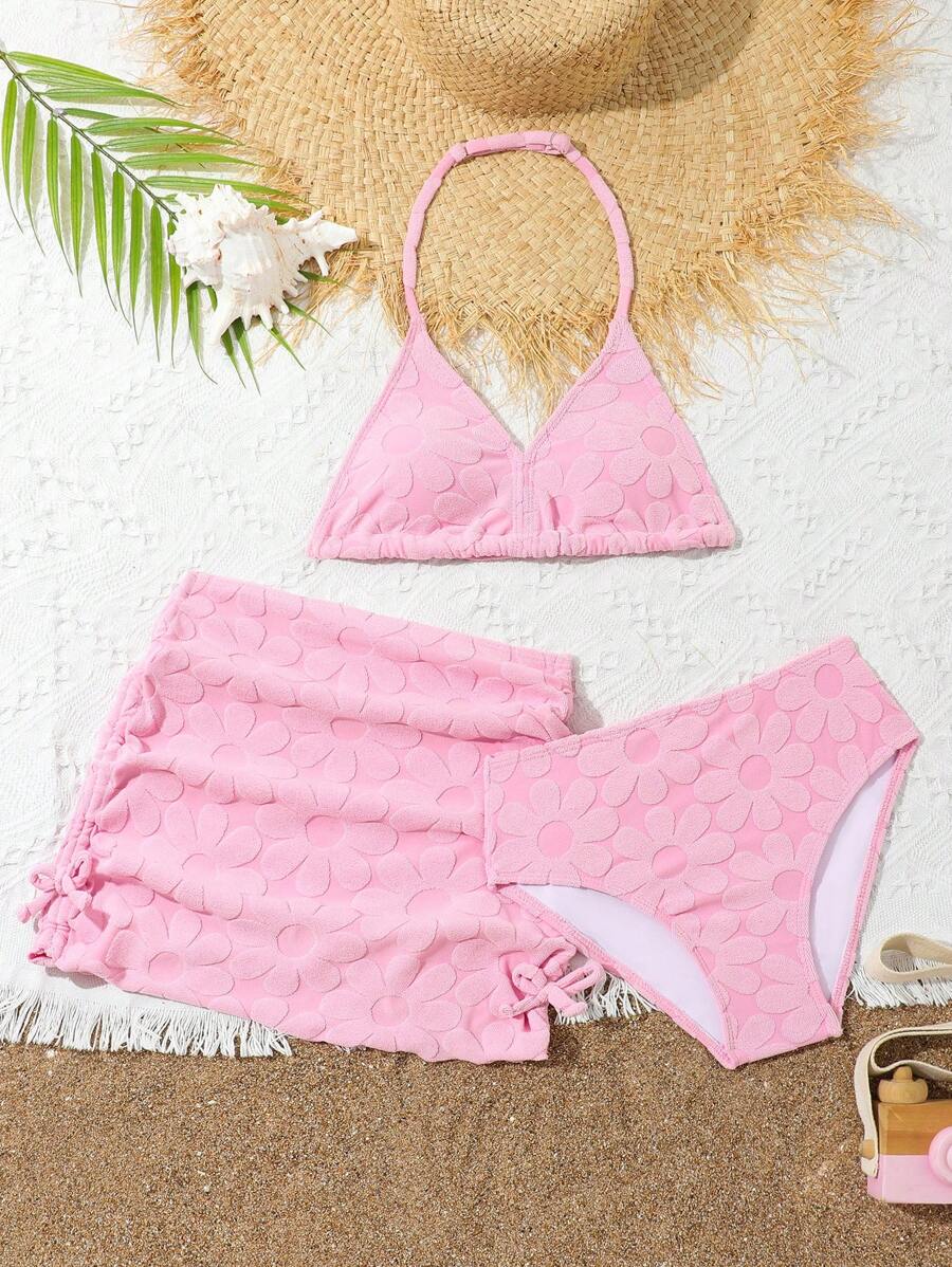 Tween Girl Summer Beach Solid Color Jacquard Swimsuit Set | SHEIN UK