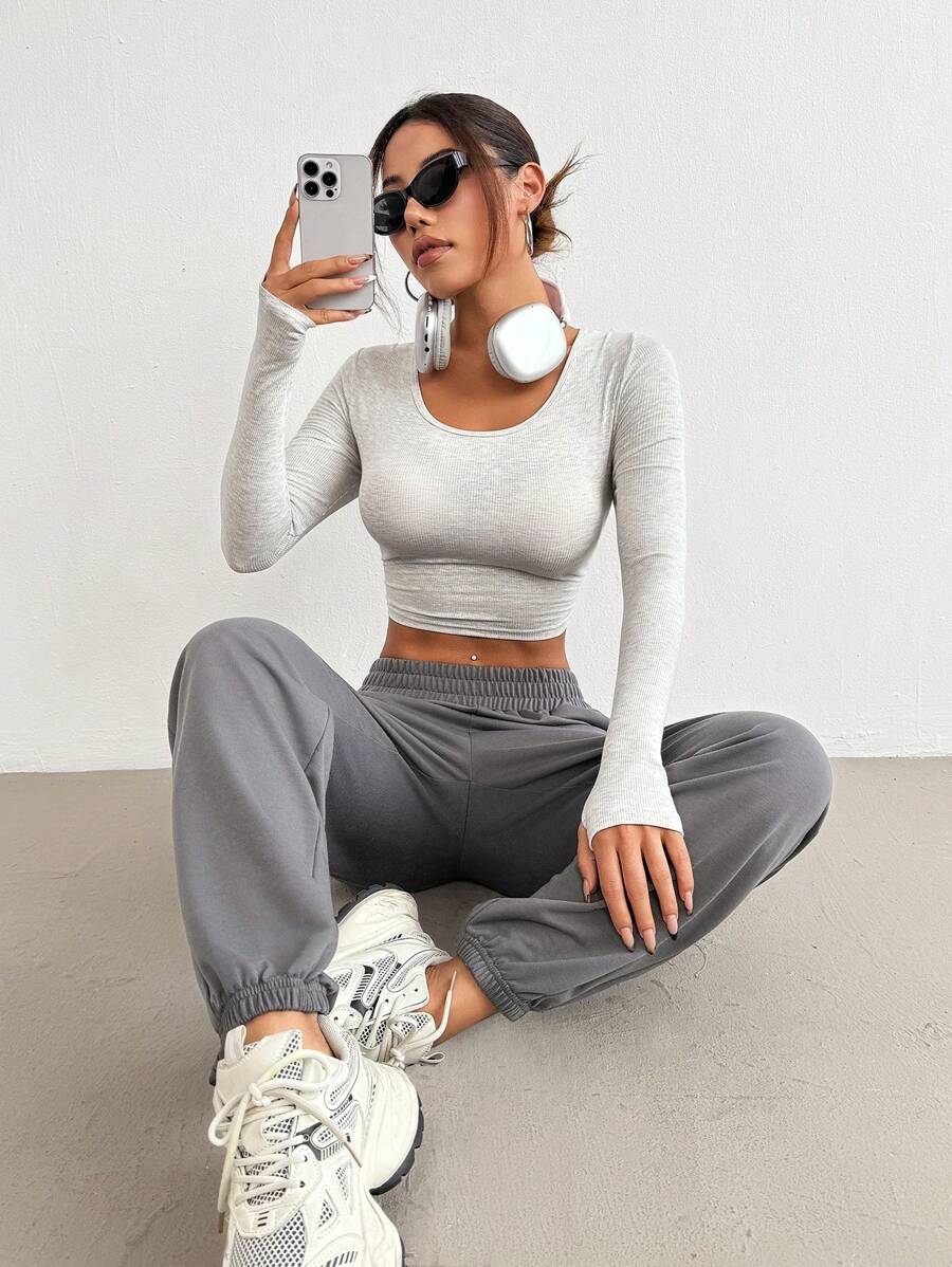 SHEIN Sport Easify Long Sleeve Crop Top And Elastic & Pants Sports ...