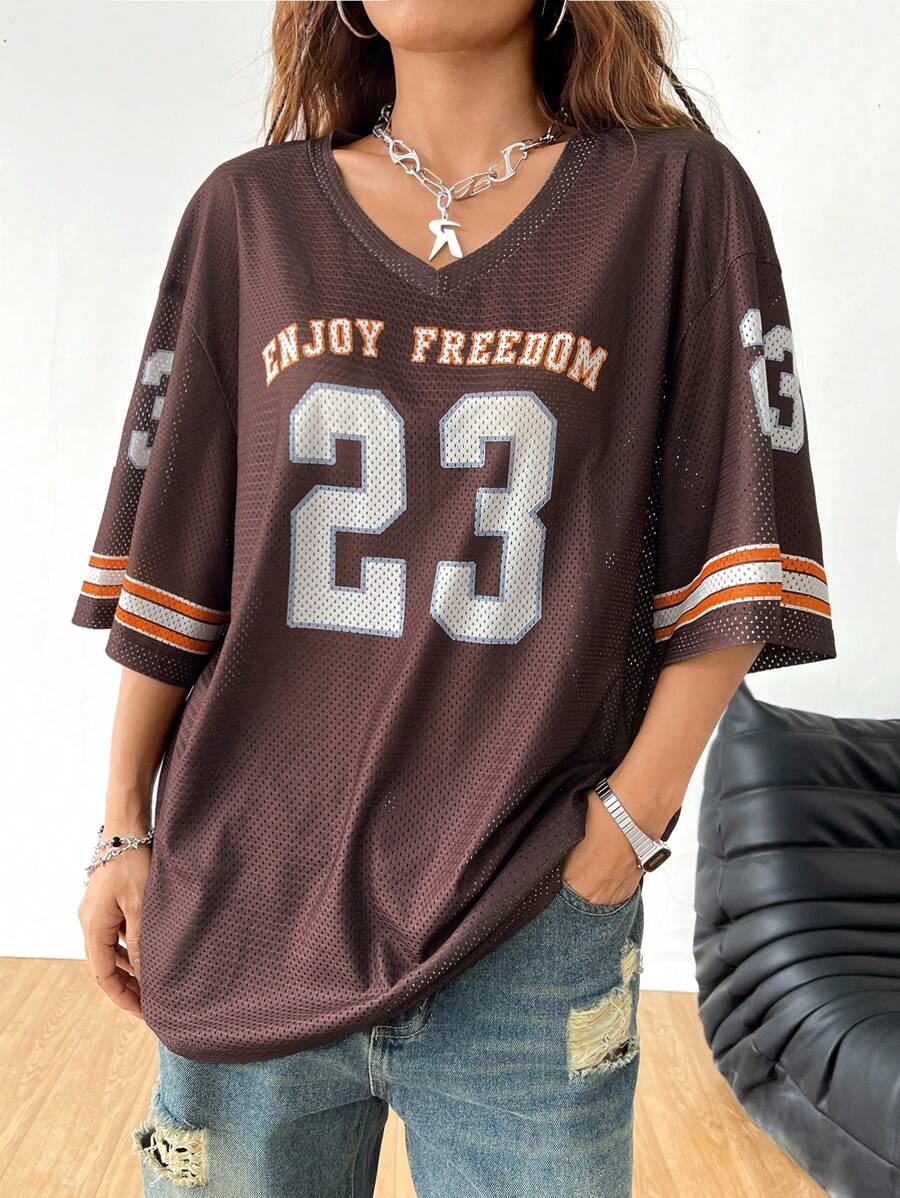 SHEIN Coolane Women's Summer Drop Shoulder V-Neck Football Jersey T-Shirt With Letter Print,Back ...