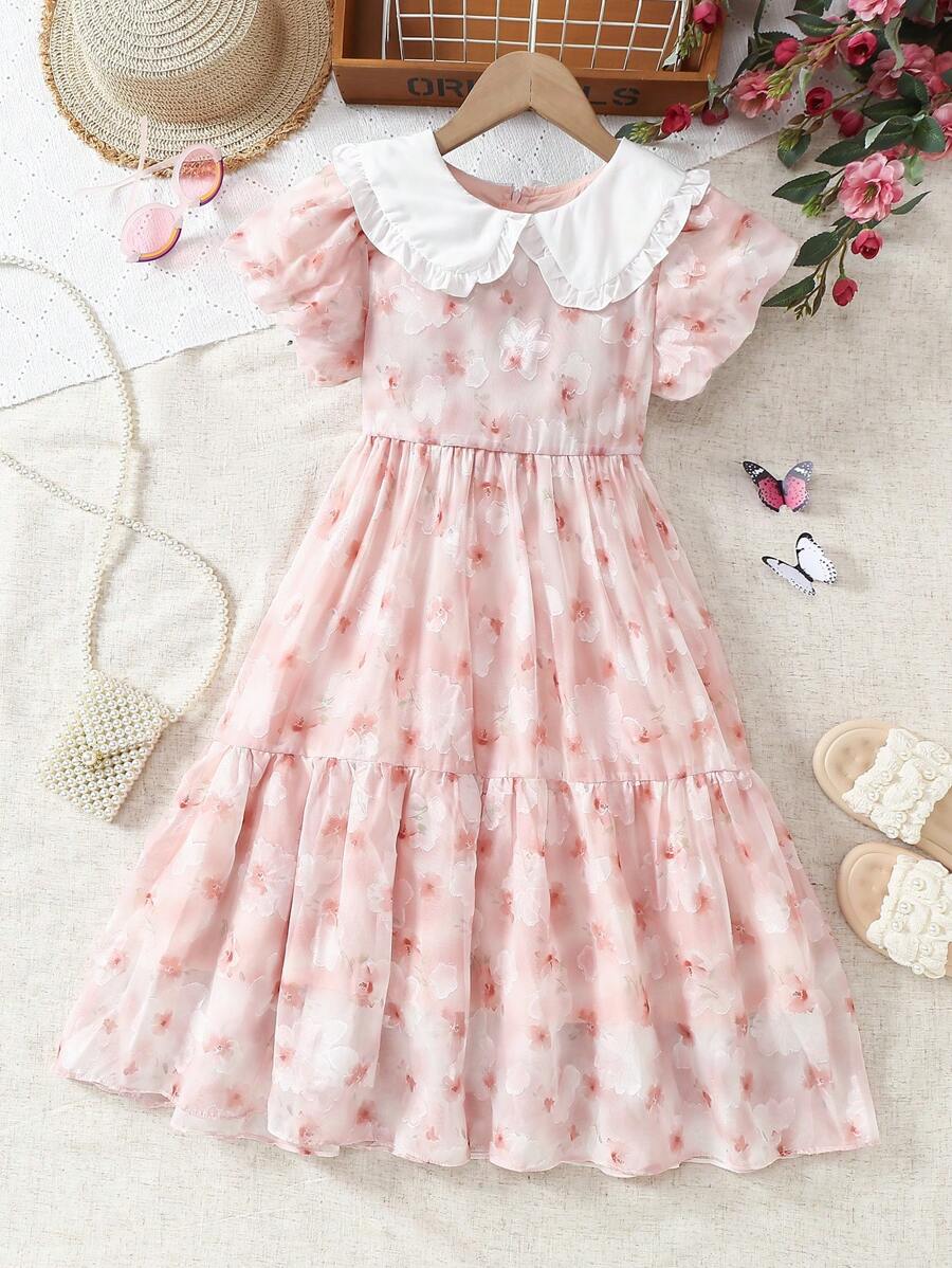 SHEIN Tween Girl Mesh Ditsy Floral Peter Pan Collar Dress, Sweet Summer ...