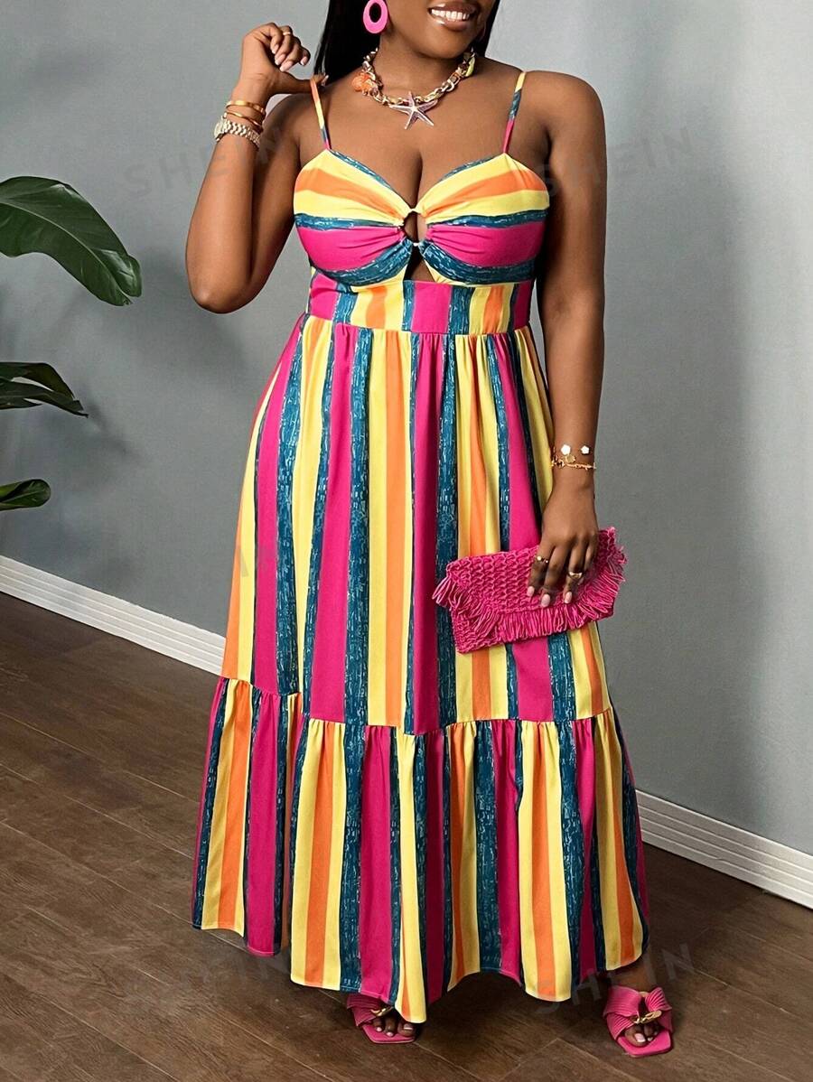 SHEIN Slayr Plus Size Colorful Striped Pattern Long Dress For Women ...