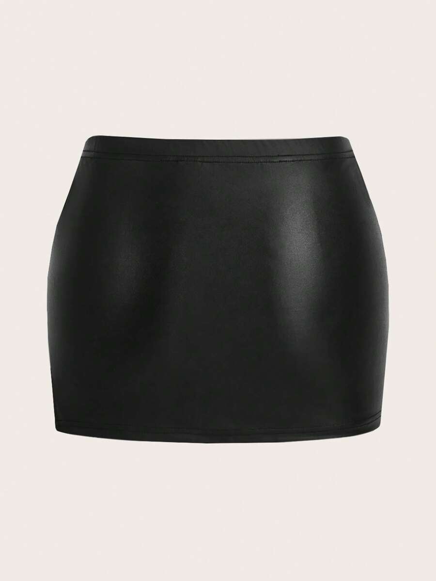 Shein Unity Black High Slit Pleated Sexy Mini Skirt For Nightclub Pu Leather Women Outfit For