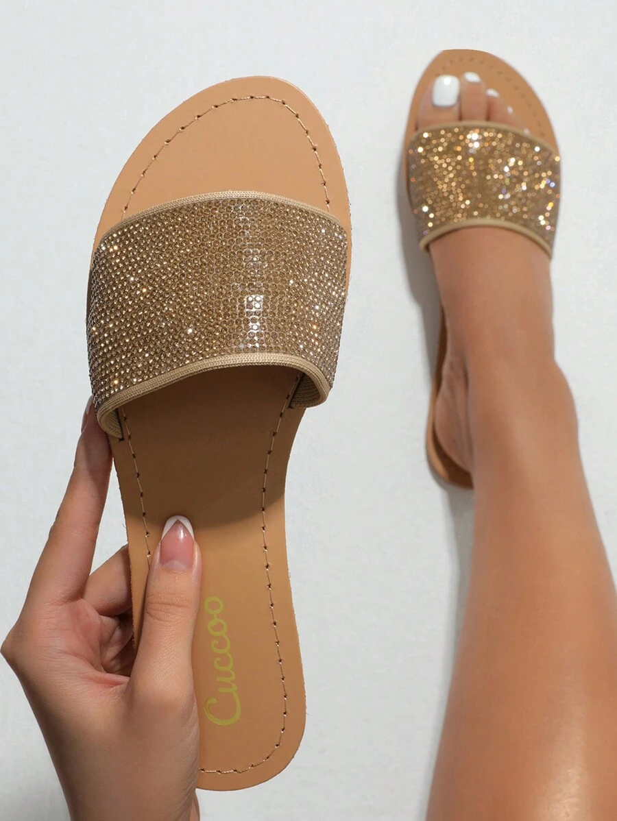 CUCCOO TILAWA Woman Shoes Rhinestone Decor Flat Slide Sandals For ...