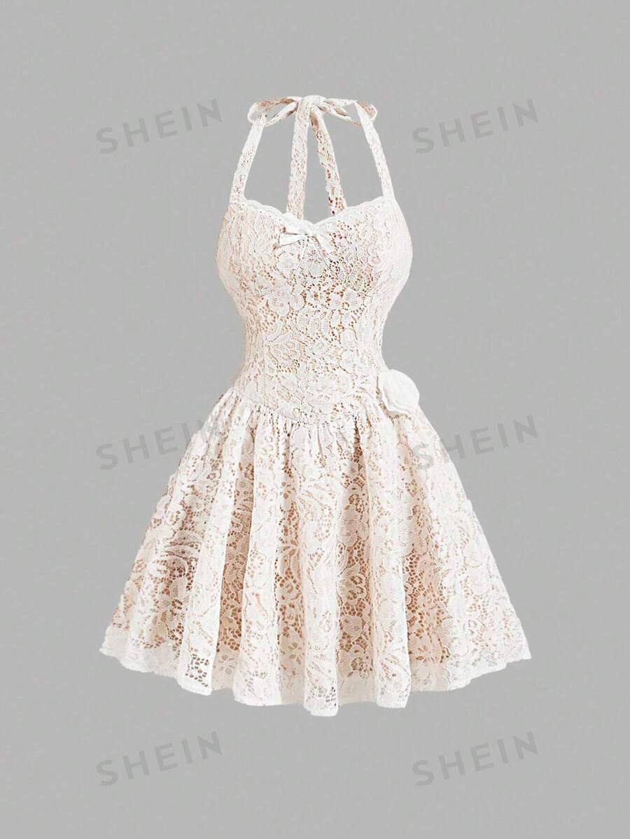 SHEIN MOD Vintage Lace Double Layer Halter Neck Mini Dress For Teen ...