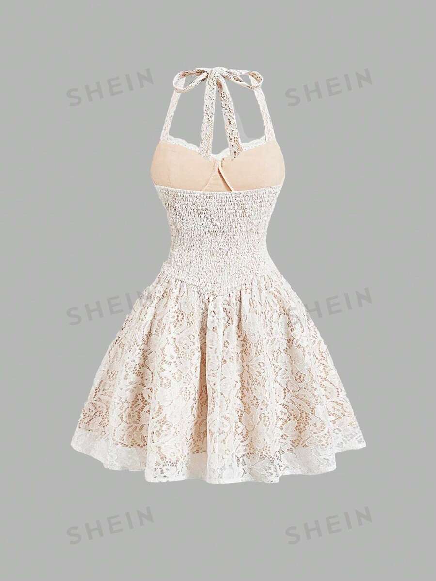 SHEIN MOD Vintage Lace Double Layer Halter Neck Mini Dress For Teen ...