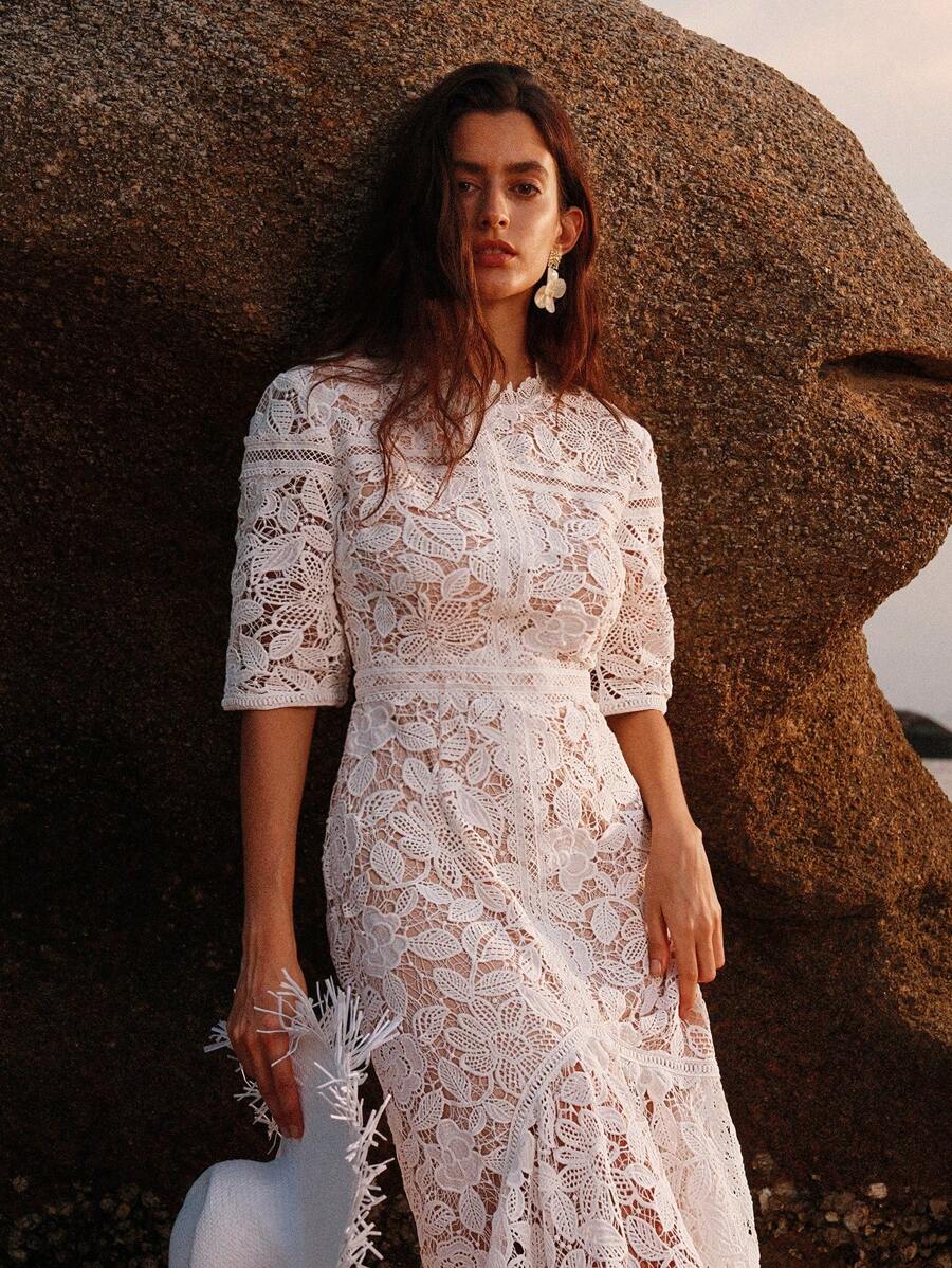 Anewsta Pure White Floral Water Soluble Lace Short Sleeve Mermaid Dress For Holiday Party ...