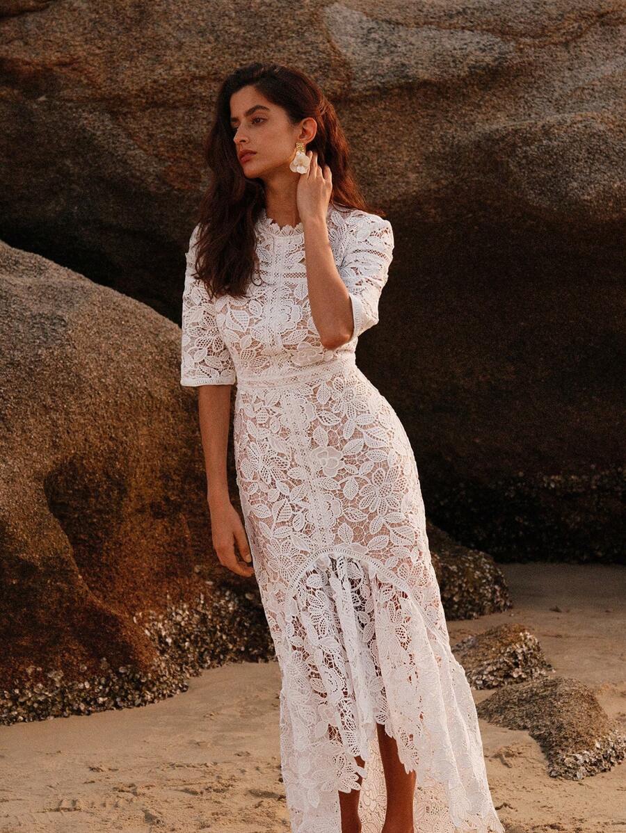 Anewsta Pure White Floral Water Soluble Lace Short Sleeve Mermaid Dress For Holiday Party ...