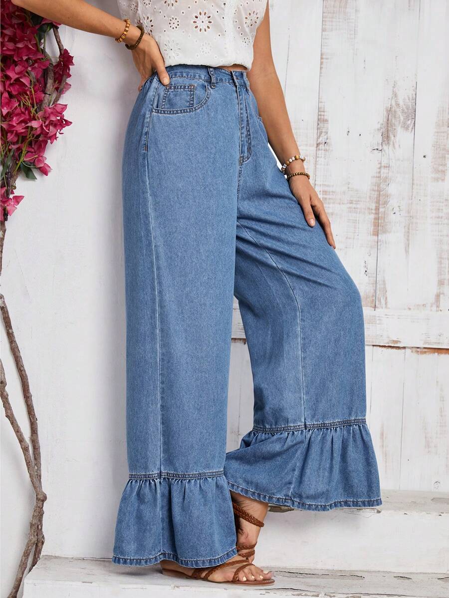 EMERY ROSE Solid Color Denim Pants With Ruffle Hem And Pockets For ...