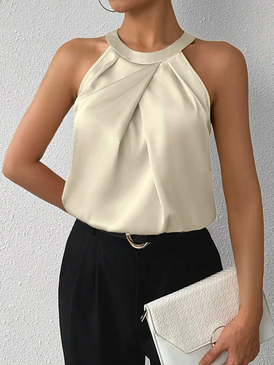 SHEIN Privé Women's Champagne Color Sleeveless Shirt With Mandarin Collar, Pleats And Simple ...