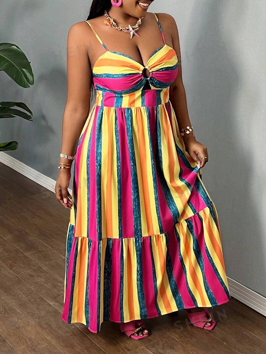 SHEIN Slayr Plus Size Colorful Striped Pattern Long Dress For Women ...