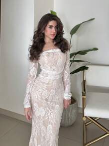 Modelyn Women's Solid Color Elegant Lace Decorated Long Sleeve Dress Long Evening Dresses ...